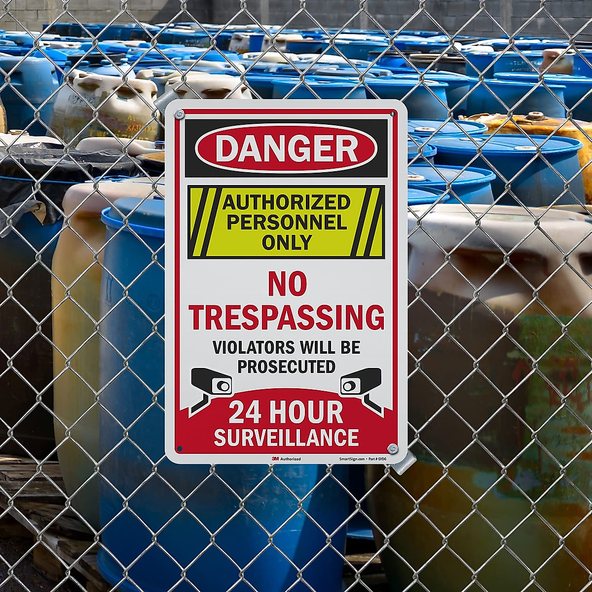 SmartSign 18 x 12 inch “Danger - Authorized Personnel Only, No Trespassing, 24 Hour Surveillance” Metal Sign, 63 mil Aluminum, 3M Laminated Engineer Grade Reflective Material, Multicolor, USA-Made