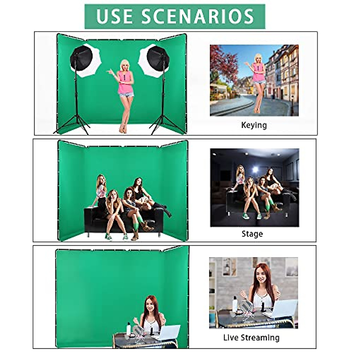 GSKAIWEN 7.87ft x 13.12ft Portable Large Chromakey Green Screen Backdrop with Stand Photography Background Support System for Photo Studio Video Shooting, Live Streaming, Parties, Keying, Stage