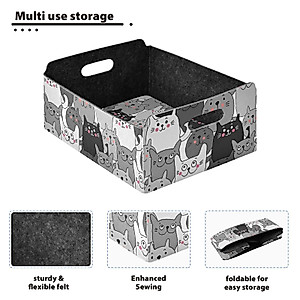 CaTaKu Foldable Storage Basket Black and White Сats Collapsible Felt Storage Bins with Handle Drawer Organizer Bin Cube Shelf Box for Organizing Closet Clothes Office Books Bedroom
