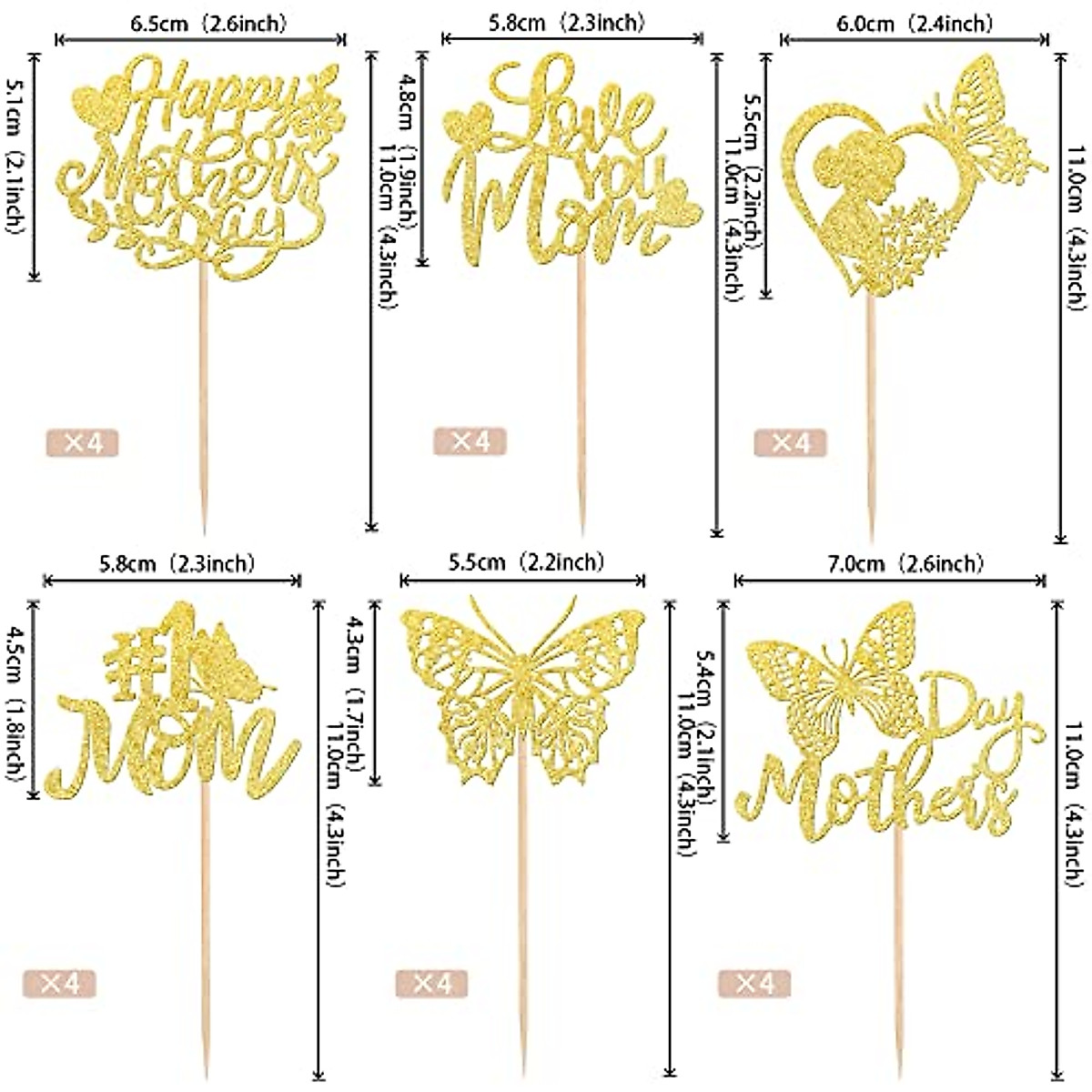 24 PCS Happy Mother's Day Cupcake Toppers Glitter Heart #1 Mom Butterfly Love You Mom Cupcake Picks for Happy Mother's Day Theme Women Birthday Party Cake Decorations Supplies Gold