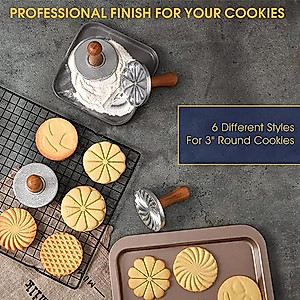 OPPEIN Cookie Stamps Set of 3, Metal Cookie Press Cutter Mold with Wooden Handle, Cookie Decorating Supplies for DIY Baking, Cake, Pastry, Gift Package