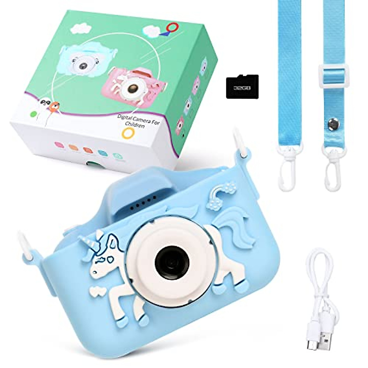 Ainiv Kids Selfie Camera with Unicorn Silicone Cover, Digital Camera with Photo Stickers and Puzzle Games, Boys and Girls Gifts, with 32GB SD Card, IPS Screen 1080P Video Camcorder - Blue