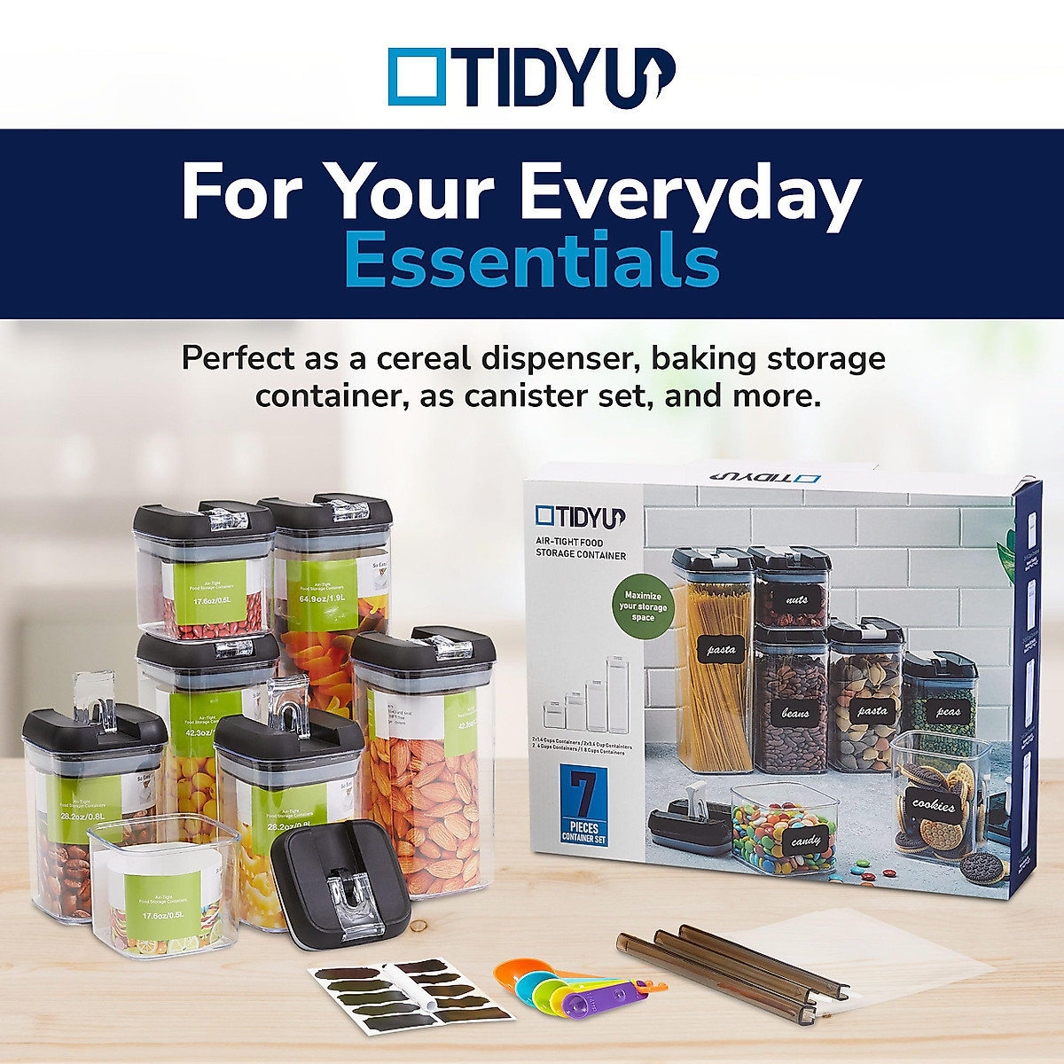 Airtight Food Storage Containers Set with Lids - 7 PCS Home and Kitchen Pantry Organization and Storage - Plastic Canisters for Dry Food, Sugar and Flour - BPA Free Storage bins with Labels, Marker and Ziploc Bags