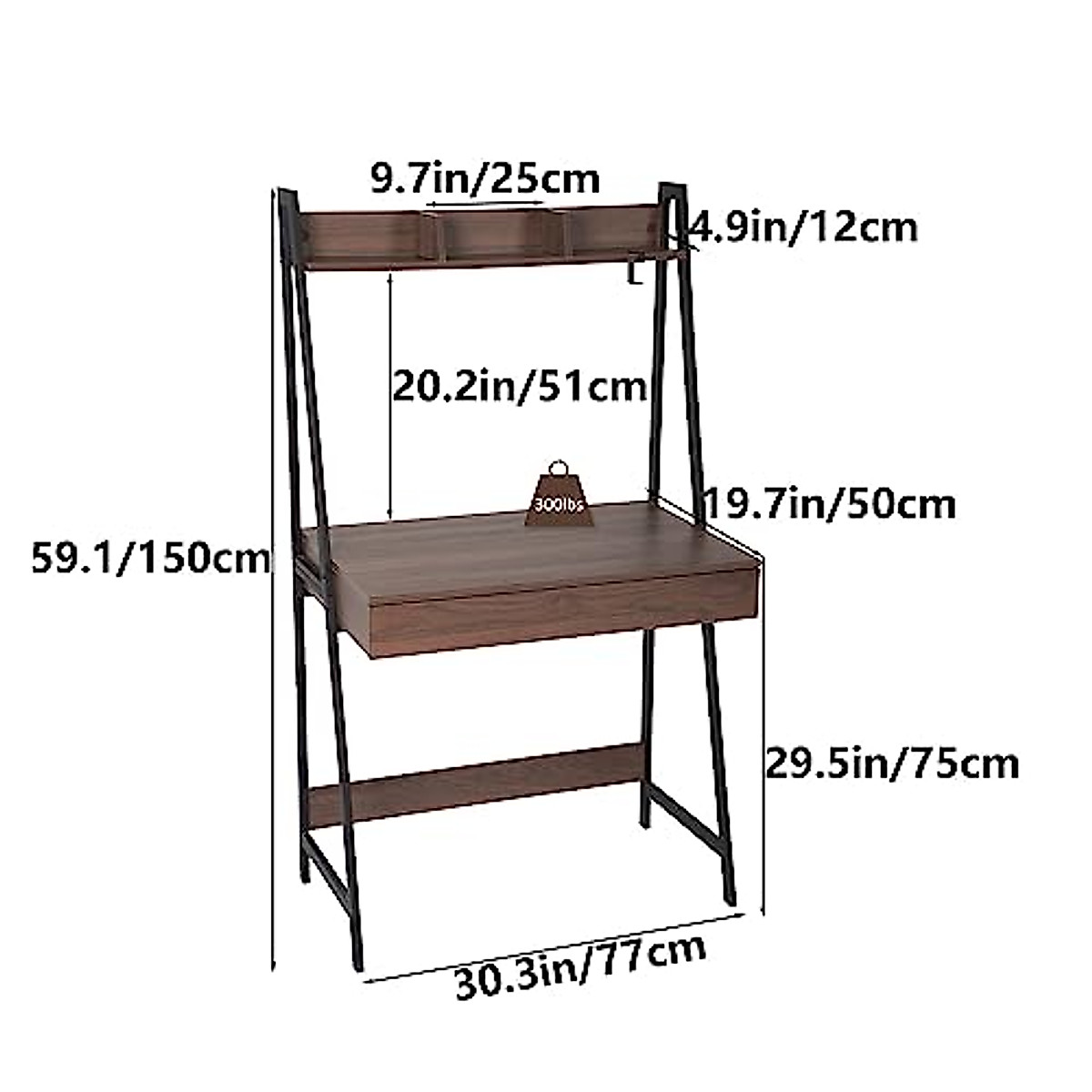 DEILALY 2 Tier Ladder Desk Computer Desk Escritorio para Computadora Desk Shelf Study Desk with Drawer Gaming Desk Study Table W31.5 PC Small Desk Metal Frame Home Office Bedroom