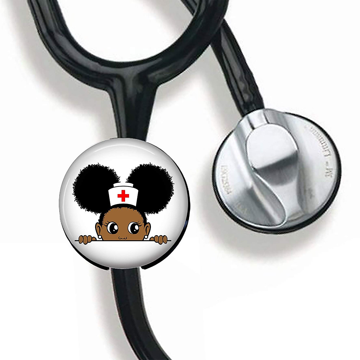 Little Afro Girl Nurse Stethoscope Tag Personalized,Nurse Doctor Stethoscope ID Tag Customized, Medical Stethoscope Name Tag with Writable Surface-Black