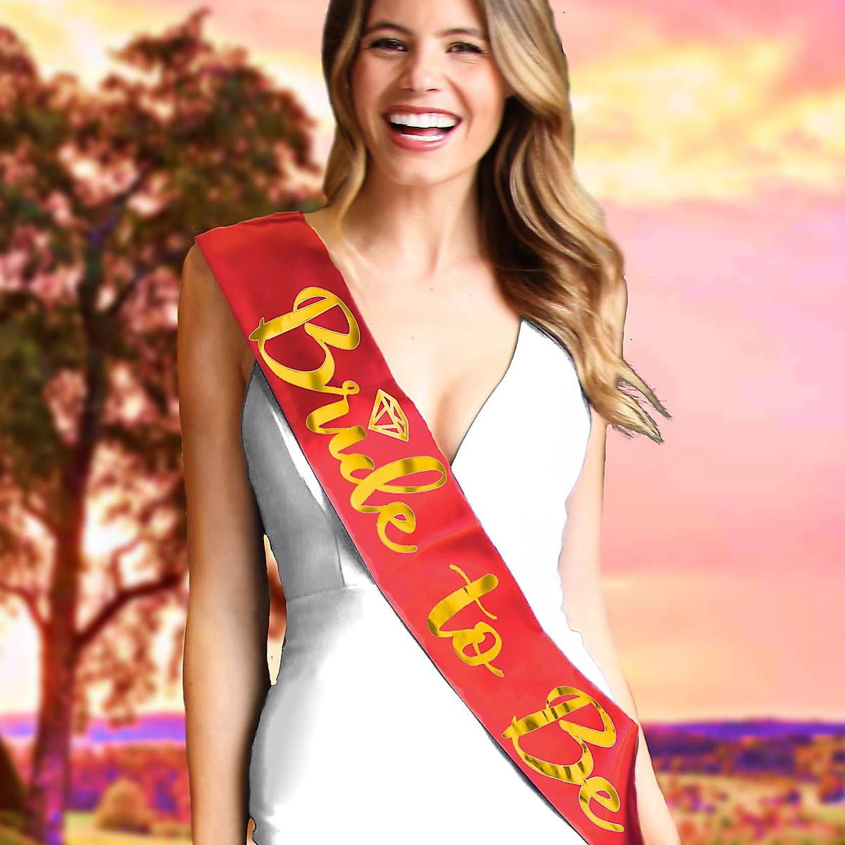 Red Bride Sash - Metallic Gold Luxury Bride To Be with Diamond Bridal Sash - Bachelorette Party Decorations Red Sash(B2BDiam Gld) RED