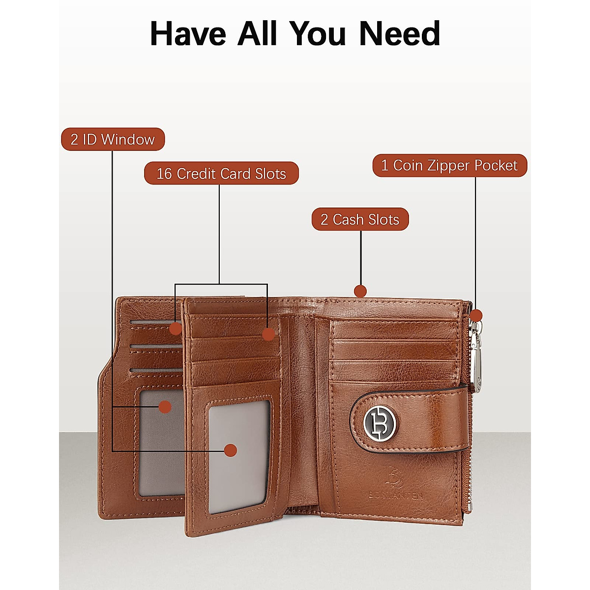 BOSTANTEN Women Leather Wallet Small RFID Blocking Bifold Zipper Pocket Wallet Card Case with ID Window Beige