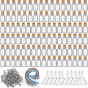 Mimorou 100 Pcs Mini Glass Bottles with Cork Stoppers 2 ml Clear Small Jars 0.07oz Vials Sets DIY Decorative Wish Potion Bottles, Including Eye Screws Ropes 10 Funnels