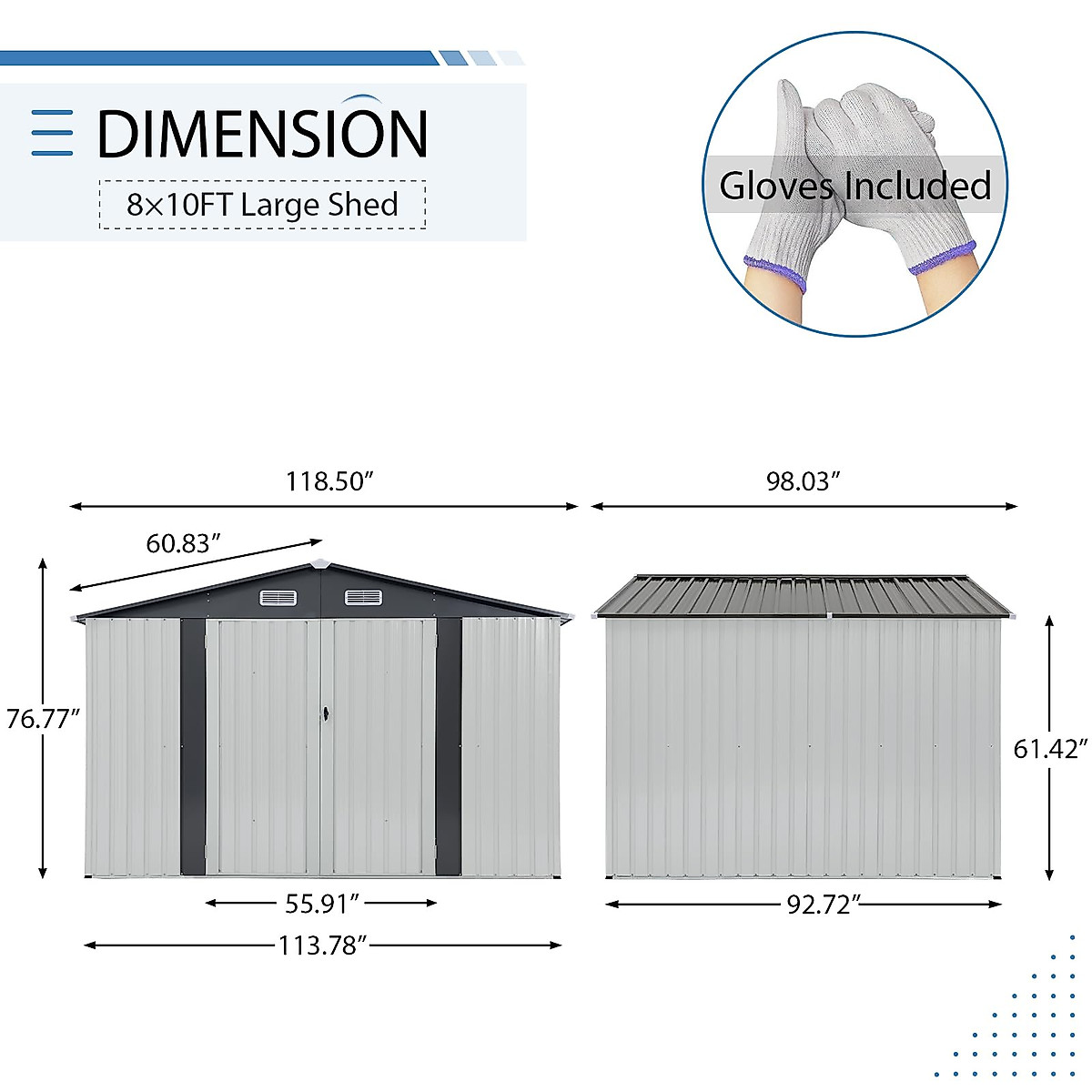 Verano Garden 10x8 FT Outdoor Storage Shed, Galvanized Steel Metal Garden Shed, Double Door W/Lock, Outdoor Storage Tool House for Backyard, Patio, Lawn