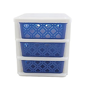 Dependable Industries Inc. Essentials 3 Drawer Basket Weave Mini Plastic Organizer Makeup HBA Cosmetics Arts & Crafts Desktop Stationary (Blue)