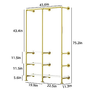 HEONITURE Gold Clothing Rack with 3-Tier Shelves, Multi-Purpose Heavy Duty Industrial Pipe Clothes Rack, Wall Mounted Garment Hanging Rods for Closet and Bedroom (Gold)