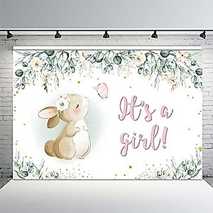 MEHOFOND 7x5ft Bunny Girl Baby Shower Party Decor Backdrop It's A Girl Banner Spring Easter Pink Floral Butterfly Rabbit Eucalyptus Leaves Photography Background Photobooth Props