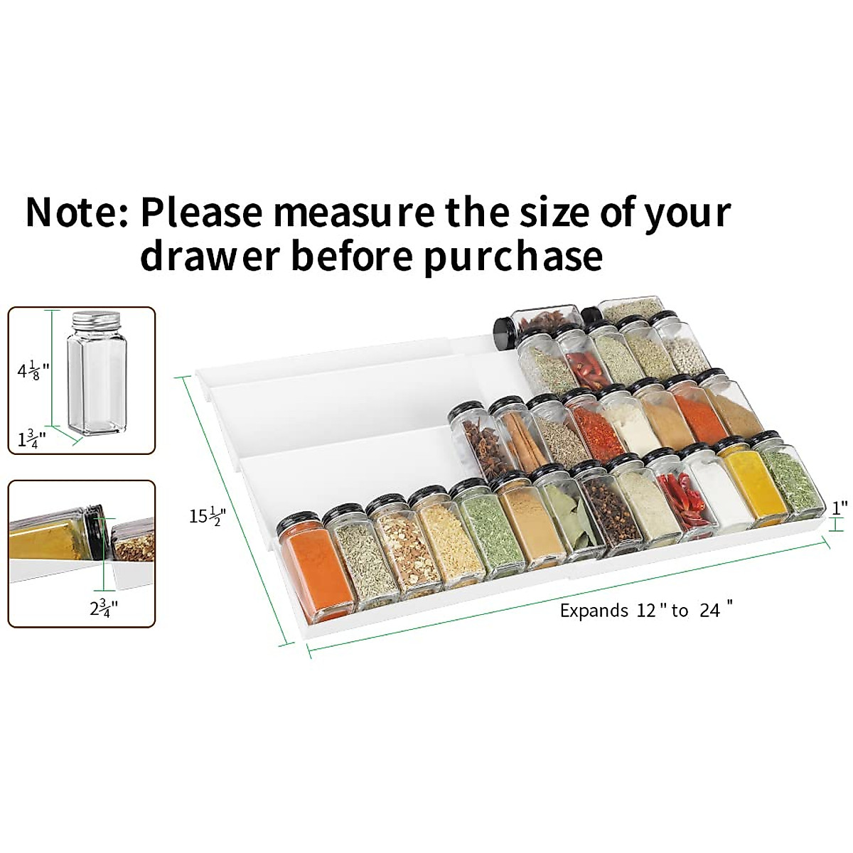 QIZENME Adjustable Spice Rack, 4 Tier Expandable Tray Drawer Organizer 12" to 24" Stackable Tray, Spice Storage Organizer Insert, for Spice Jars, Vitamins, Seasonings Kitchen Drawer Cabinet 2 Pack