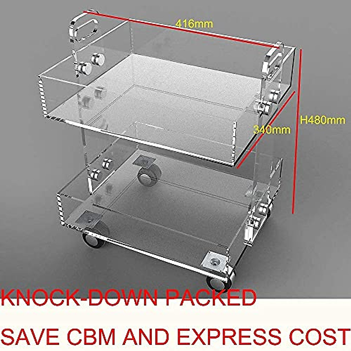 (Flat Packed) ONELUX Original Acrylic Side Table,Clear Table with Wheels,Rolling Storage cart,Acrylic Bedside Tables/Night Stand - 41×34×48H cm