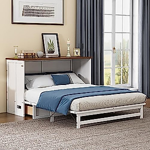 JIVOIT Queen Size Mobile Murphy Bed, Solid Pine Murphy Bed Chest with Charging Station and Large Storage Drawer, Queen Foldable Platform Bed for Home Office or Small Room