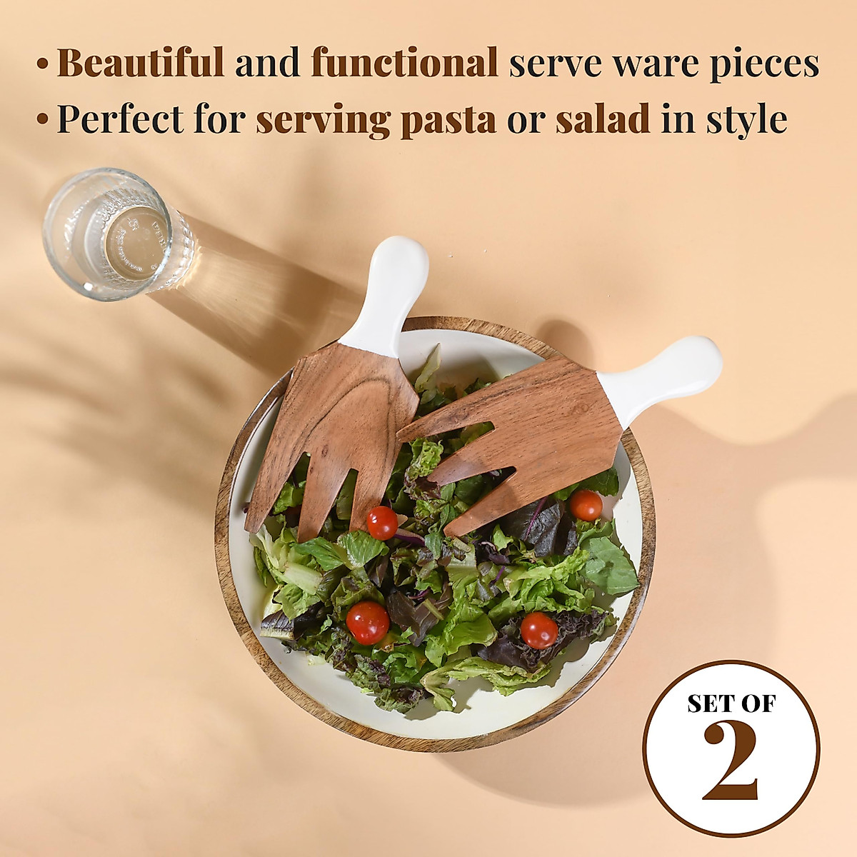 Folkulture Salad Hands or Set of 2 Acacia Wood Salad Servers, Salad Tongs Set, Salad Claws, Salad Fingers for Serving Salad Mixes, Pasta, Fruit 3.25 X 8.25 Inch (White)