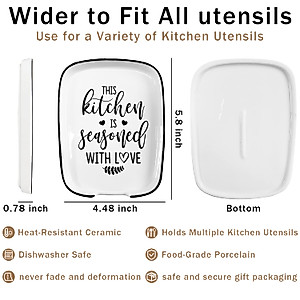 Hvukeke Ceramic Spoon Rest for Kitchen Stove Top Counter, Funny This Kitchen is Seasoned With Love White Spoon Holders for Chef, Mom, Grandma, Modern Farmhouse Kitchen Cute Decor Gift