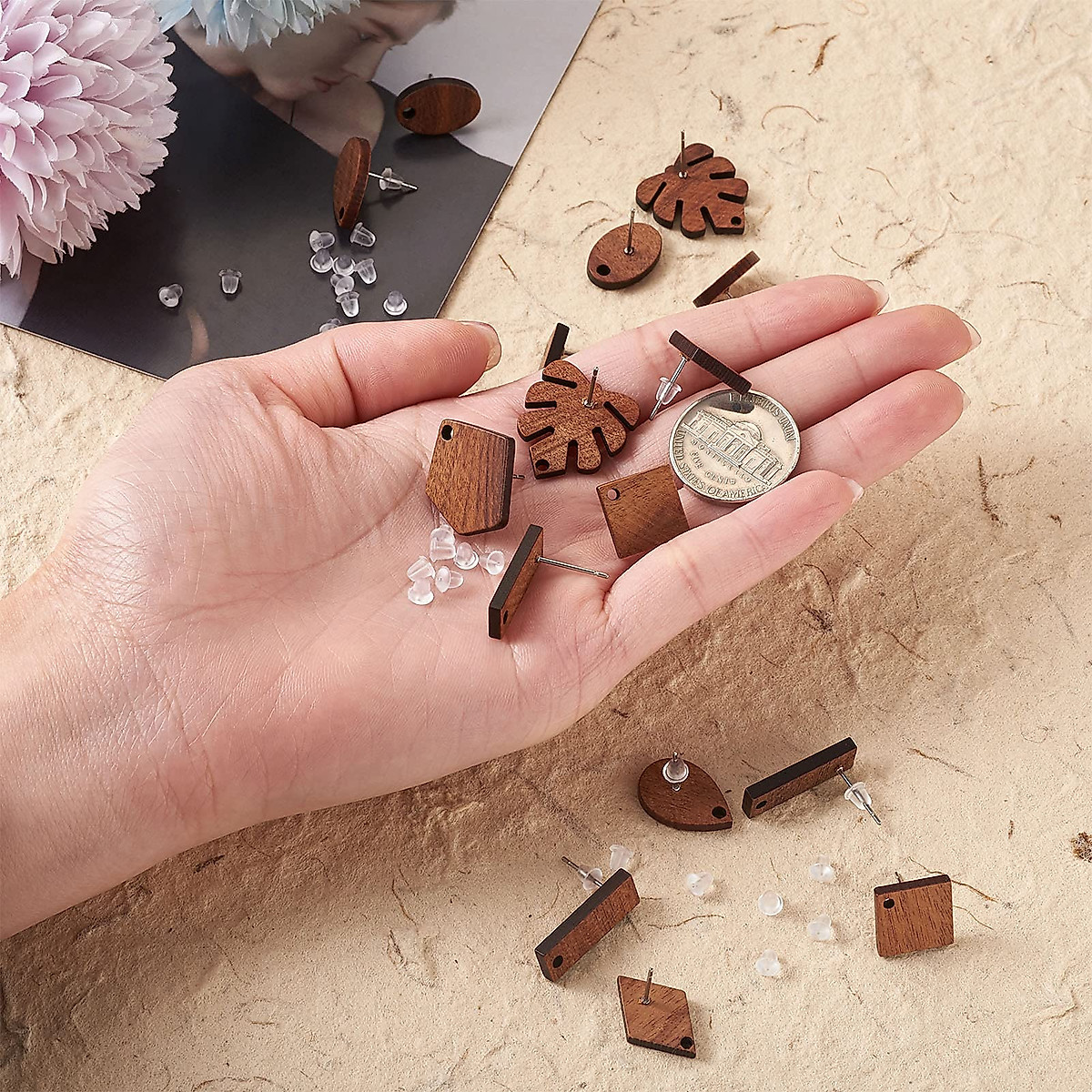 Pandahall 16 Pairs Wood Stud Earring Findings with Hole Flat Round Oval Teardrop Rhombus Wood Stud Earring with Ear Nuts for DIY Wooden Earrings Making