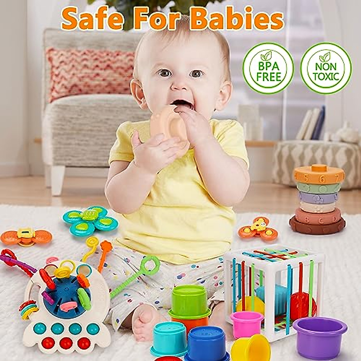 5 in 1 Baby Montessori Toys, Sensory Bin Pull String Teething Toy 0-6 to 12 Month Suction Cup Spinner Infant Travel Bath Toy 6 7 8 18 M+ Soft Stacking Cups Rings Learning Activity Toddler 0-2 Gift Set