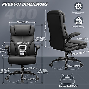 HeroSet Office Chair, Ergonomic Big and Tall Computer Desk Chairs, Executive Breathable Leather Chair with Adjustable High Back Flip-up Armrests, Lumbar Support Swivel PC Chair with Rocking Function