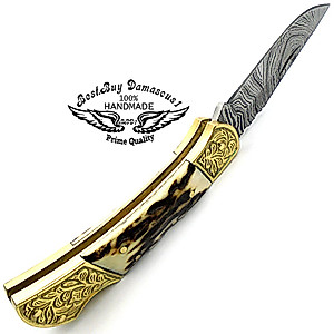 Best.Buy.Damascus1 Damascus pocket knife, Folding knife, Pocket Knife For Men, Knife Set with knife sharpeners Premium Quality gifts for men (antlers Scrimshaw)