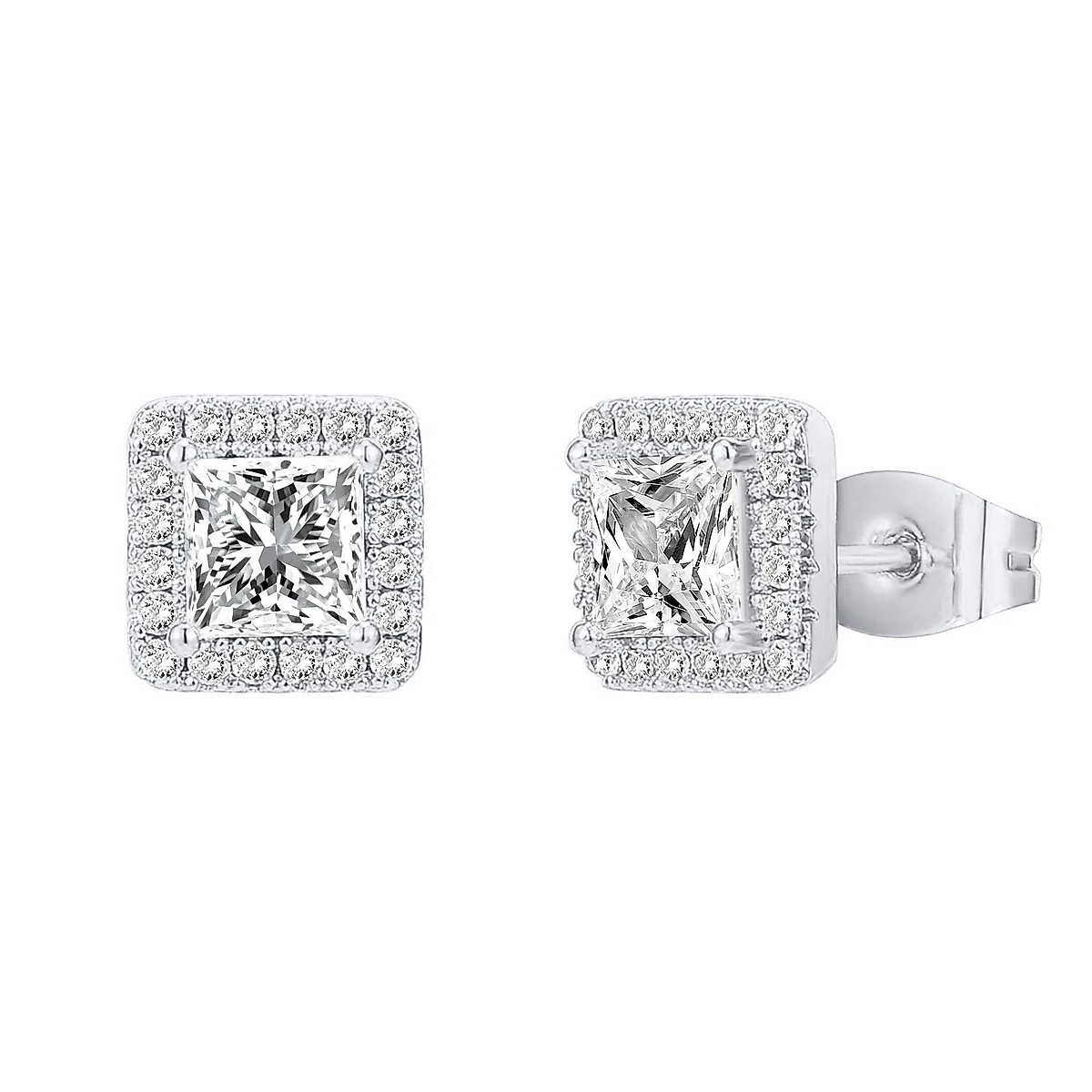 PAVOI 14K Gold Plated Sterling Silver Post Brilliant Round Faux Diamond Princess Cut Earrings - Premium Cubic Zirconia in White Gold