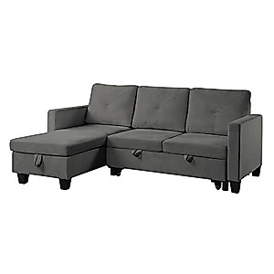 BOWERY HILL Dark Gray Velvet Reversible Sleeper Sectional with Storage Chaise