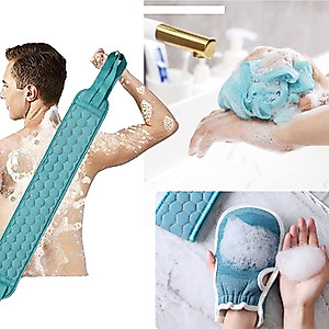 MILIDEE Bath Shower Set Scrubber Glove Loofah Sponge Pouf, Bath Brush Extra Long Dual Sided Scrubber Long Lasting Deep Clean Super Soft, Body Scrubber Exfoliator Men Woman Finger Tricky Toy, Blue