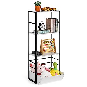 LING RUI 4-Tier Tall Bookcase,Narrow Bookshelf for Small Space,Wood and Metal Book Shelf Storage Organizer for Home Office,Living Room,Entryway,Industrial