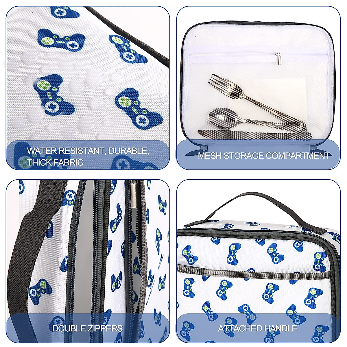 Insulated Lunch Bag - Freezable Case Meal Tote Cooler with Pockets for Kids Girls Boys Teens Water Resistant Reusable Hot Cold School Work Padded with Handle - Lunch Containers (Video Game)