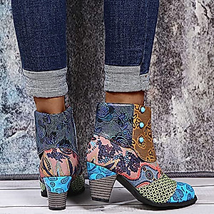 XRCQCAD Women's Ankle Boots Retro 3D Embroidered Print Pointed Toe Chunky Heel Wellington Slip On Cowgirl Western Snow Boots