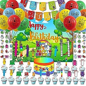 107 Pcs Number Blocks Birthday Party Supplies - Number Birthday Decorations Include Banner, Latex Balloons, Cake Topper, Cupcake Toppers, Backdrop, Stickers, Digital Themed Block Party Gift Sets