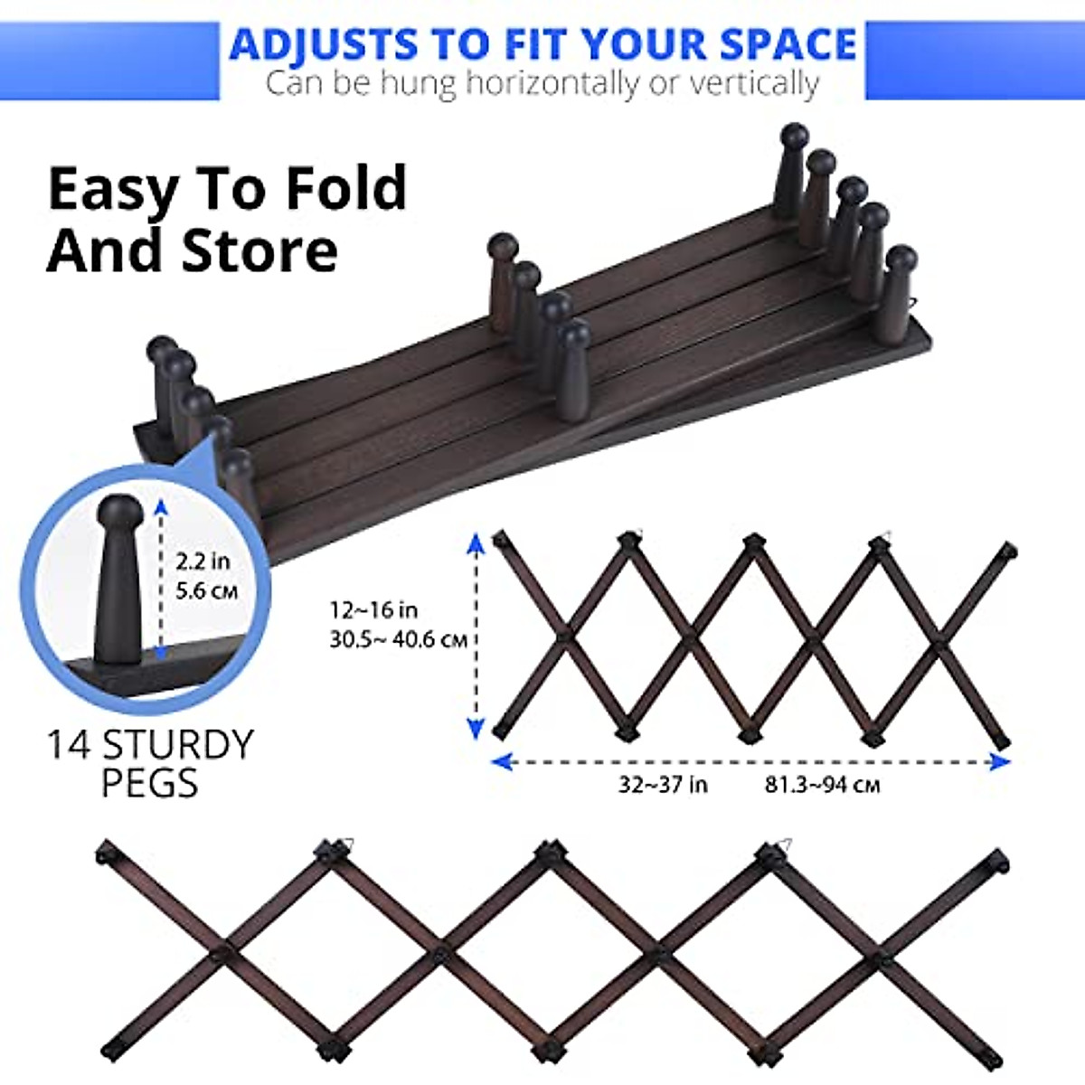 Stylo Grey Wall Hangers X Shaped 37 x 16 Inches with 14 Wooden Pegs (2 Inches Long) - Hat Racks for Baseball Caps, Purse Hanger Accordian Wall Hanger Wood for Hats, Caps, Mugs, Coat Hangers for Wall
