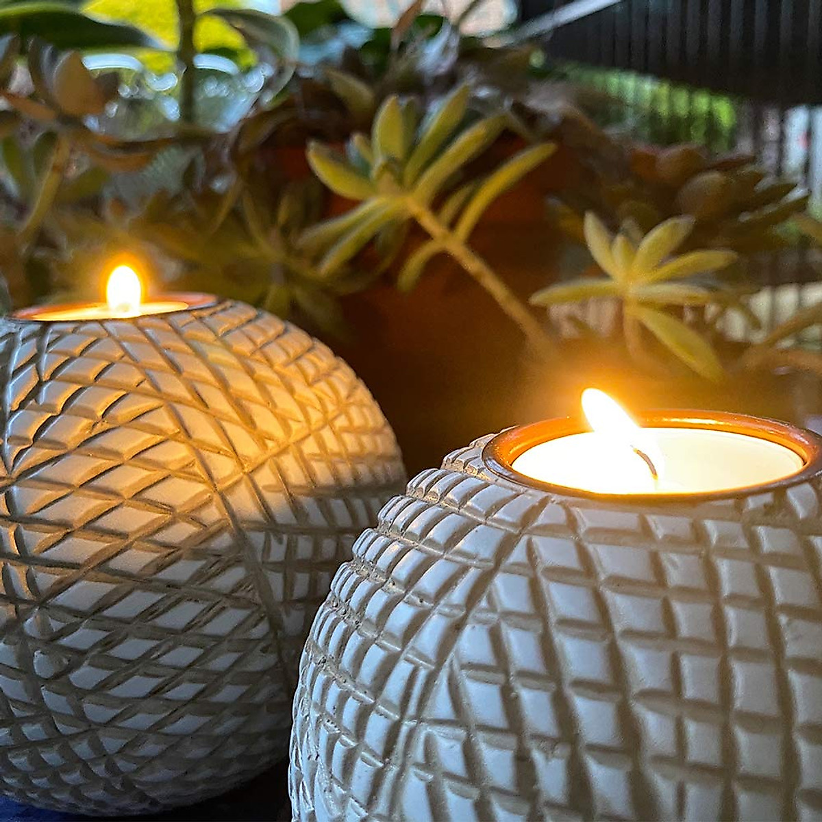 Luca Orb Candle Holders (Gift Boxed Set of 2), Table Centerpieces for Dining or Living Room, Spa, Bathroom, Kitchen Counter, Mantle or Coffee Table Decor (Grid Pattern, Beige and White)