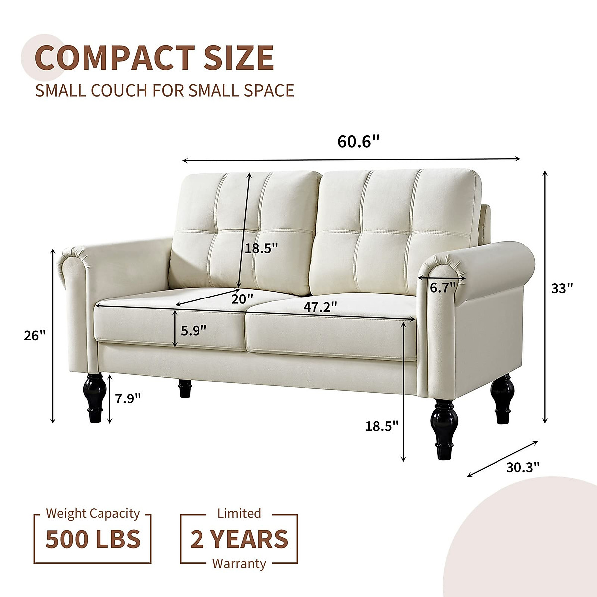 Husbedom 60.6 Inches Loveseat Sofa, Velvet Small Couches for Small Spaces, Comfy Couch for Living Room, Bedroom, Apartment, Studio, Cream Beige Couch