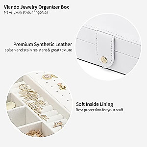 Vlando Travel Jewelry Case for Women - Portable Leather Jewelry Organizer Box for Necklace Earrings Ring Bracelet - Gifts for Teen, Girls, Moms and Daughters - White