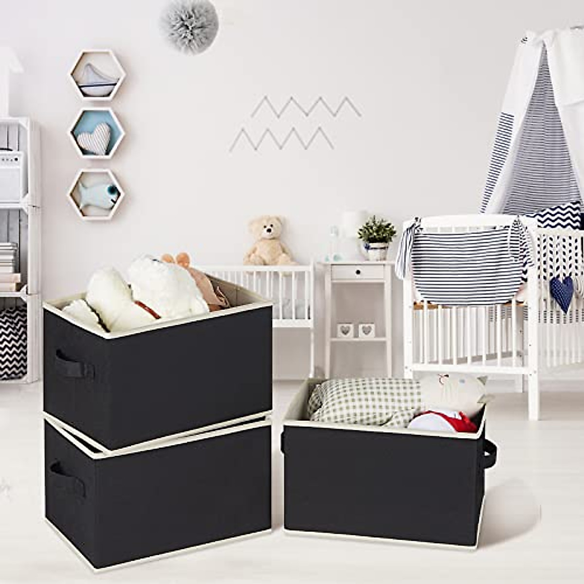 LHZK Storage Baskets for Shelves, Fabric Storage Baskets for Organizing, Foldable Closet Storage Bins, Storage Bins for Shelves with Handles, Cloth Storage Bins for Organizing, Large, Black, 4-Pack