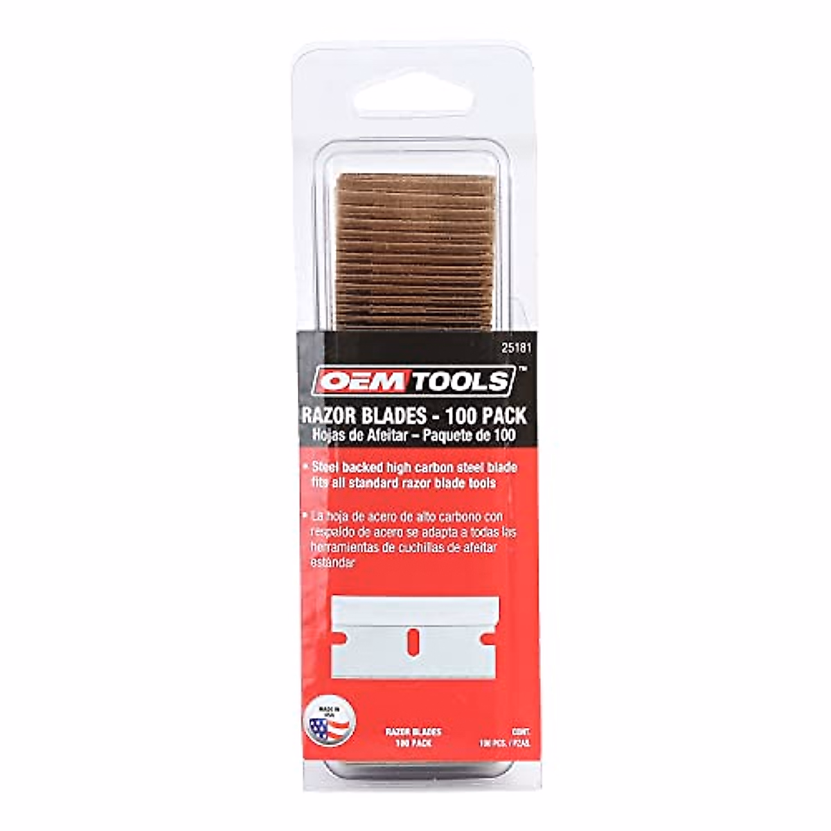 OEMTOOLS 25181 Razor Blades, 100 Pack, Steel Safety Box Cutter Replacement Blades, Removes Paint and Decals, Cuts Boxes and Cords, Fits Most Utility Knives