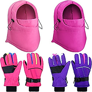 Handepo 4 Pack Kids Winter Ski Balaclava Mask Gloves Set Windproof Face Mask Winter Hat Snow Gloves for Boys Girls(Pink, Purple)