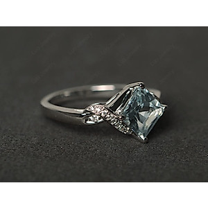 LUO 925 Sterling Silver Aquamarine Ring Kite Set Square Cut 7X7 MM Engagement Ring for Women US Size 6