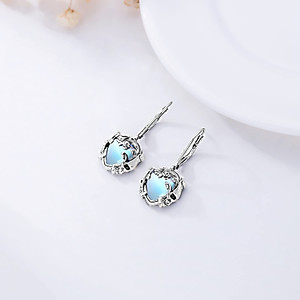 Heart Gothic Skull Head Dangle Earrings for Women S925 Sterling Silver Punk Dangling Earrings with Synthetic Moonstone Halloween Jewelry Gifts