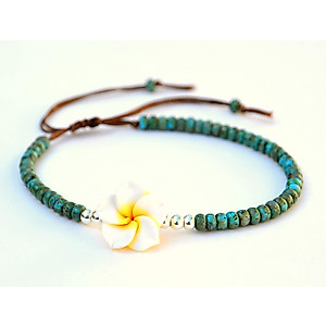 Boho Beaded Anklet for Women and Teen Girls, Unique Bohemian Turquoise and Sterling Silver Beaded Anklet with Hawaii Hawaiian Plumeria Flower, Handmade by Tribes