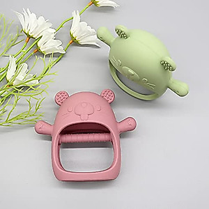 AMM Goods Marmot Silicone Baby Teether Toy, Nipple Shape Hand Pacifier, Chew Toys for Sucking Needs. Never Drop Mitten Teether, Soothing Sore Gums, Teething Pain Relief (Olive)