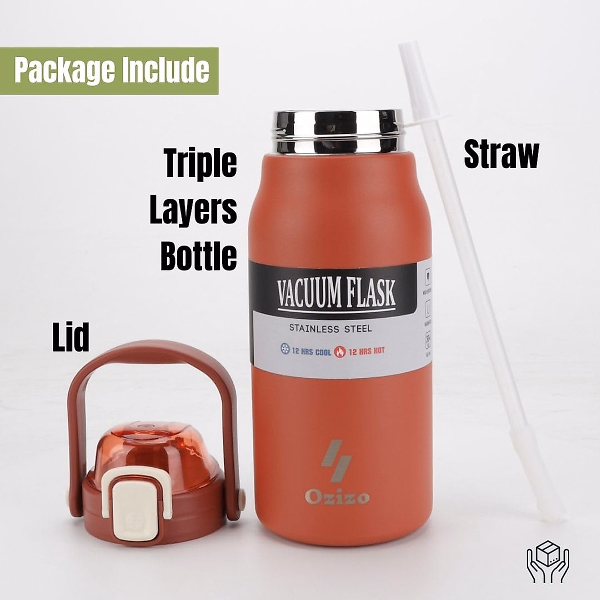 Insulated Water Bottle, 44 oz Thermos with Handle, Stainless Steel Water Bottle with Straw, Ozizo Thermos with Leakproof Lid