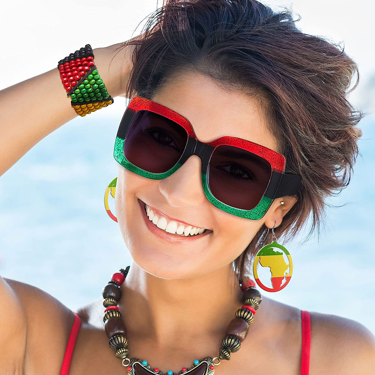 Zhanmai 4 Pieces Juneteenth African Women's Jewelry Set Jamaica accessories African Map Dangle Earrings Queen Wooden Earrings Oversized Square Sunglasses Rasta Beaded Bracelet for Black Women