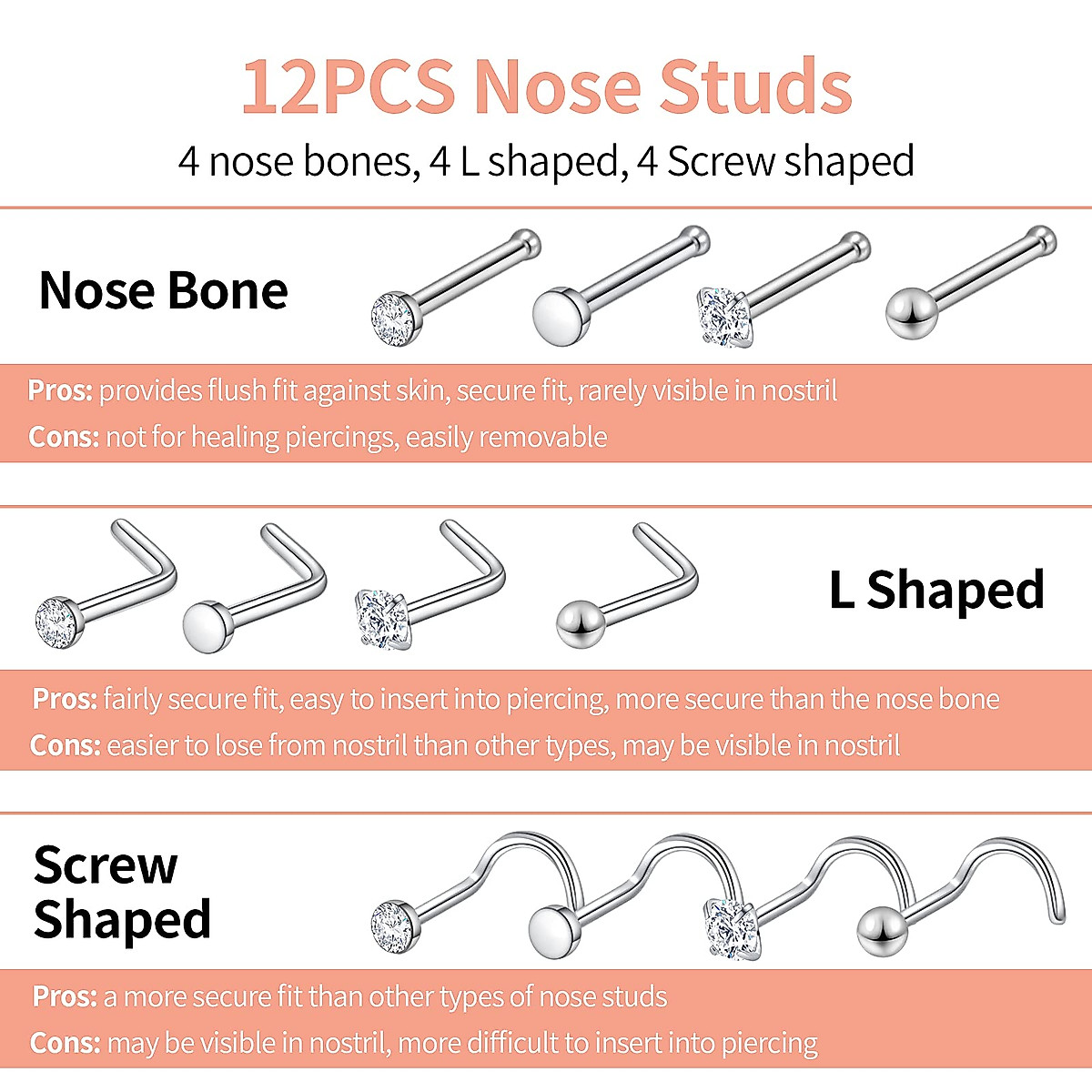 18PCS L Shaped Nose Studs, Surgical Steel Nose Piercing Jewelry, Nose Screw Pack, Endless Hoop Nose Rings for Women and Men, Body Jewelry Set with 6mm 8mm 10mm Hoops