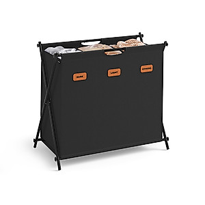 SONGMICS Laundry Hamper, Laundry Basket, 35.7 Gal. Laundry Sorter 3 Sections, Collapsible X-Frame, Clothes Organizer with Customizable Labels, Laundry Room, Bedroom, Bathroom, Ink Black ULCB130B01