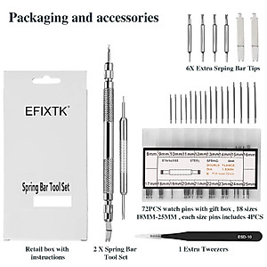 EFIXTK Spring Bar Tool Set with Extra 6 Tips Pins for Watch Wrist Bands Strap Removal Repair Fix Kit,72PCS Extra Watch Pins