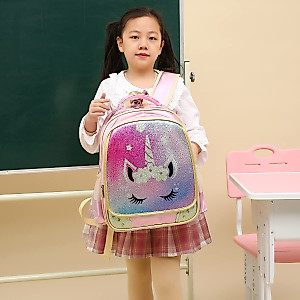 Mloovnemo Girls Elementary Primary School Bag Unicorn Backpack Diamond Glitter Princess School Backpack Large Capacity(Large, Unicorn Pink)