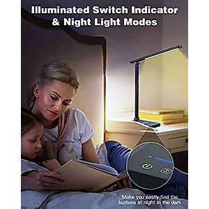 AGEARSUK LED Desk lamp, Desk Lamp with USB Charging Port for Home Office, Dimmable Desk Lamp with Wireless Charger, Eye-Caring Reading Lamps, Touch Control Study Lamps for Dorm (Adapter Included)